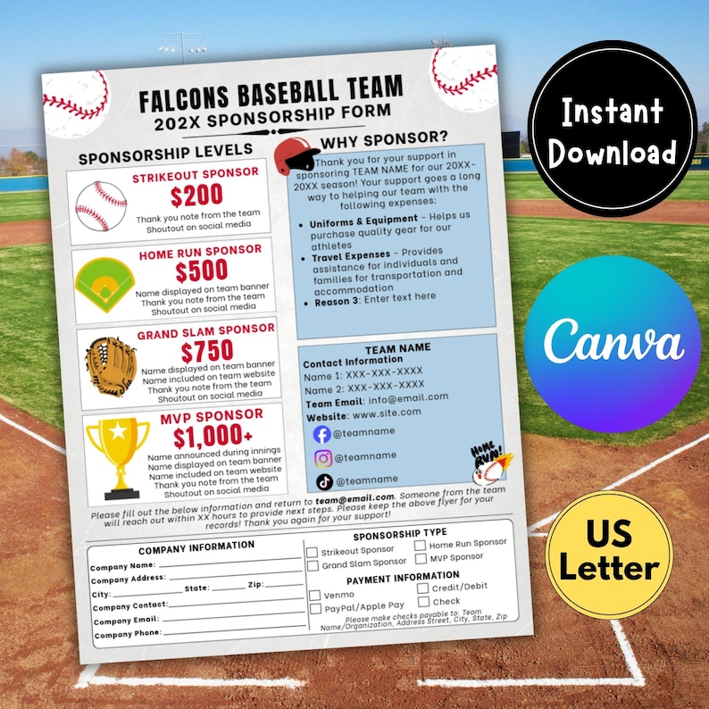 Baseball Sponsorship Flyer Template, Fundraiser Form, Sponsor My Season ...
