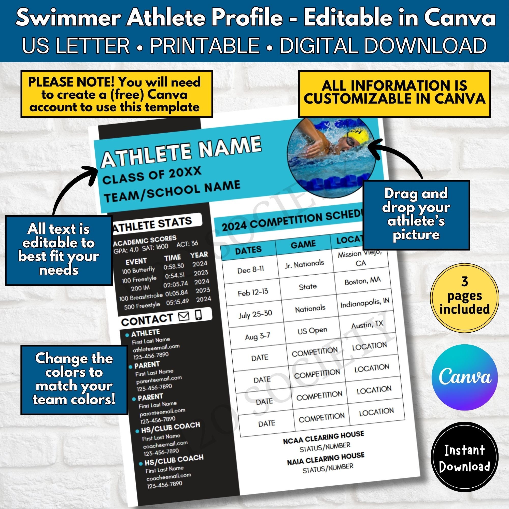 Swimmer Athlete Profile Sheet, College Recruiting, Editable Canva ...