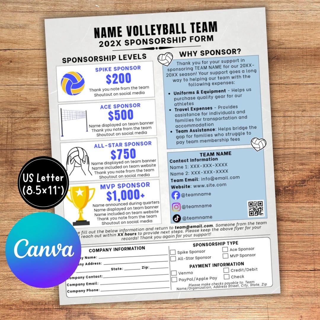 Volleyball Sponsorship Flyer Template, Fundraiser Form, Sponsor My ...