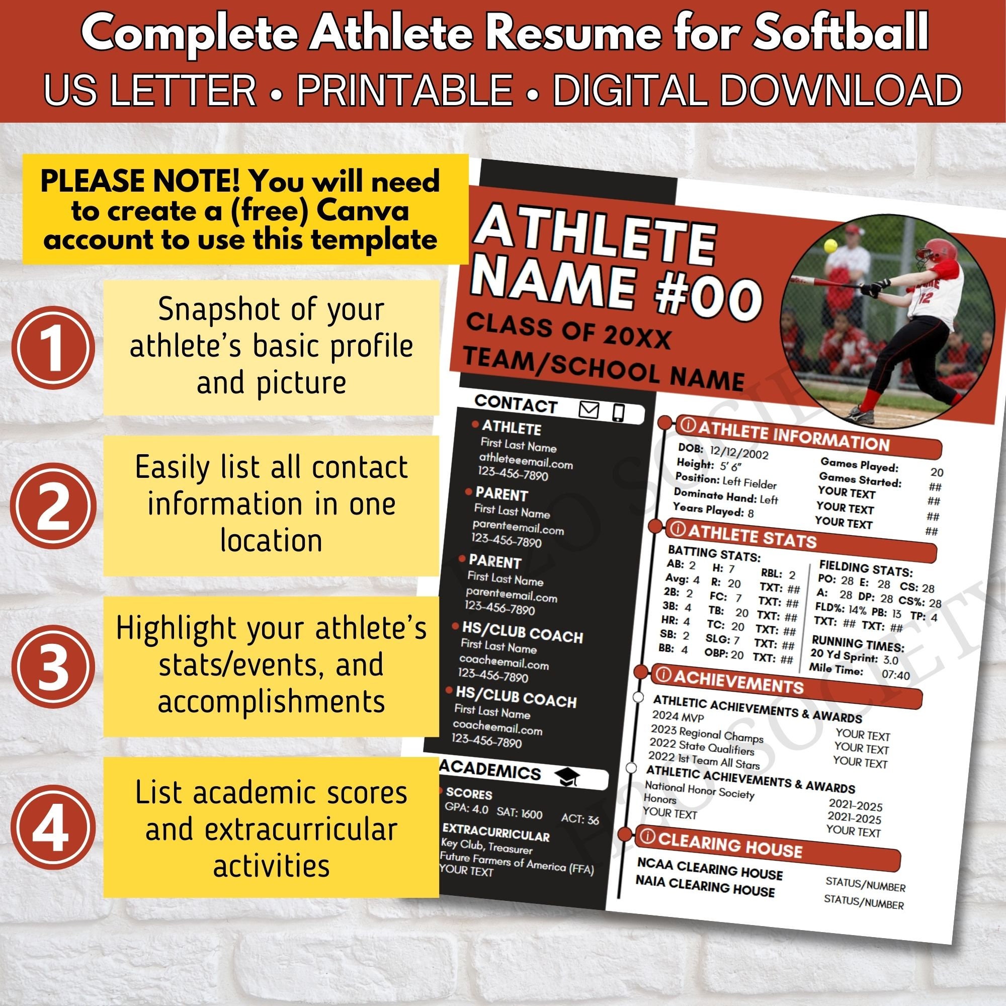 Softball Player Profile, Athlete Profile Sheet, College Recruiting ...