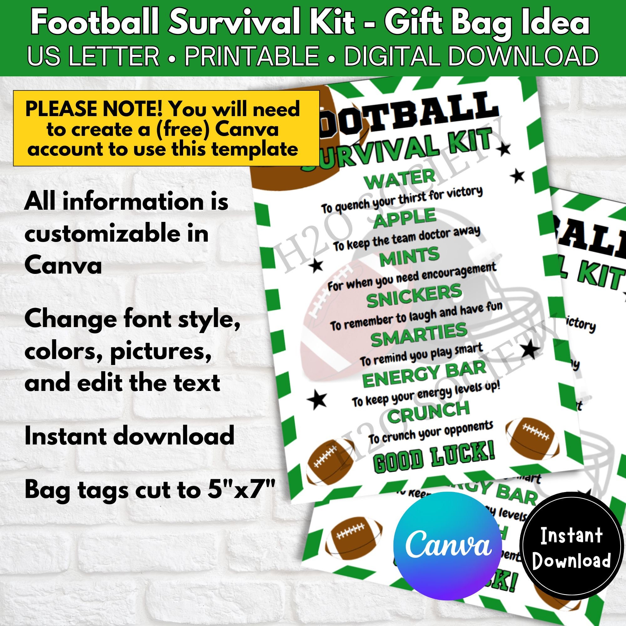 Editable Football Survival Kit Gift Tag, Gift Bag Printable, Football ...
