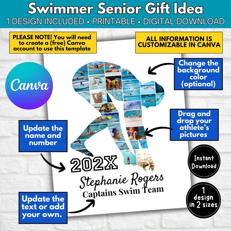 Swimmer Photo Collage: Senior Night Gift, Canva Template (digital ...