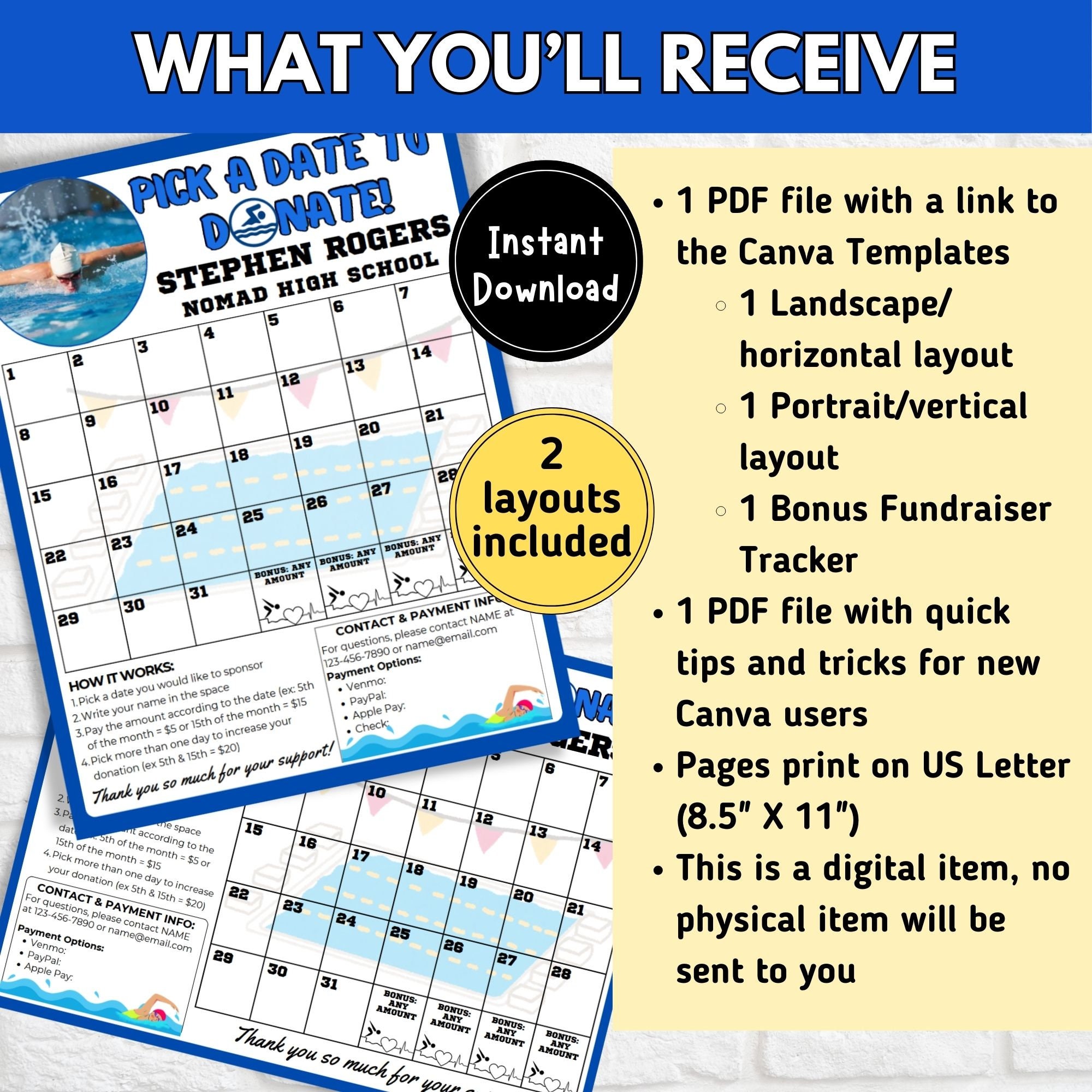 Editable Swim Calendar Fundraiser Template, Pick a Date to Donate ...