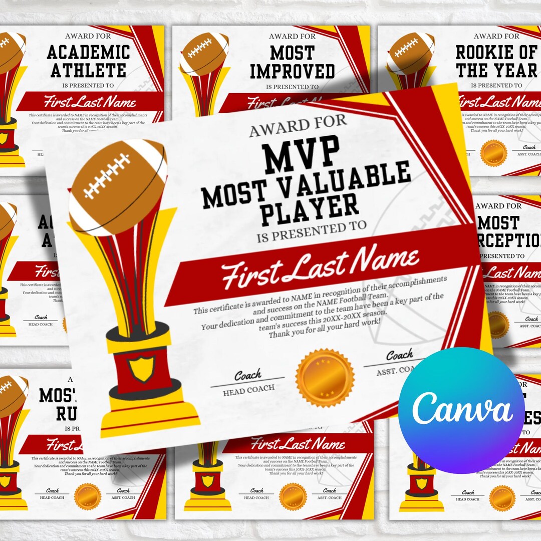 Editable Football Award Certificates, Canva Template, Certificate ...