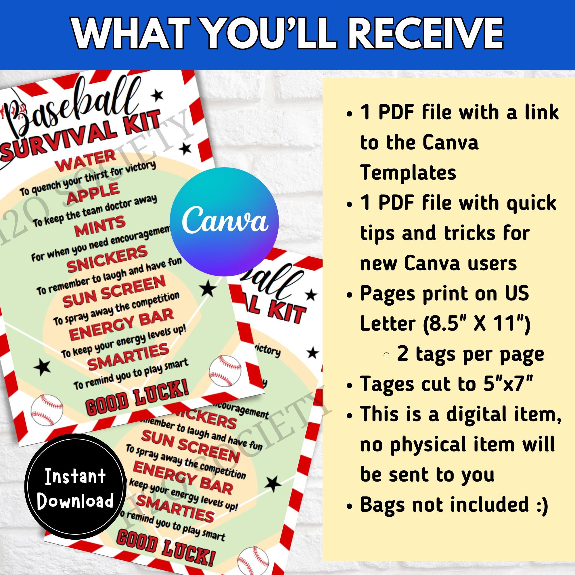 Editable Baseball Survival Kit Gift Tag, Gift Bag Printable, Baseball ...