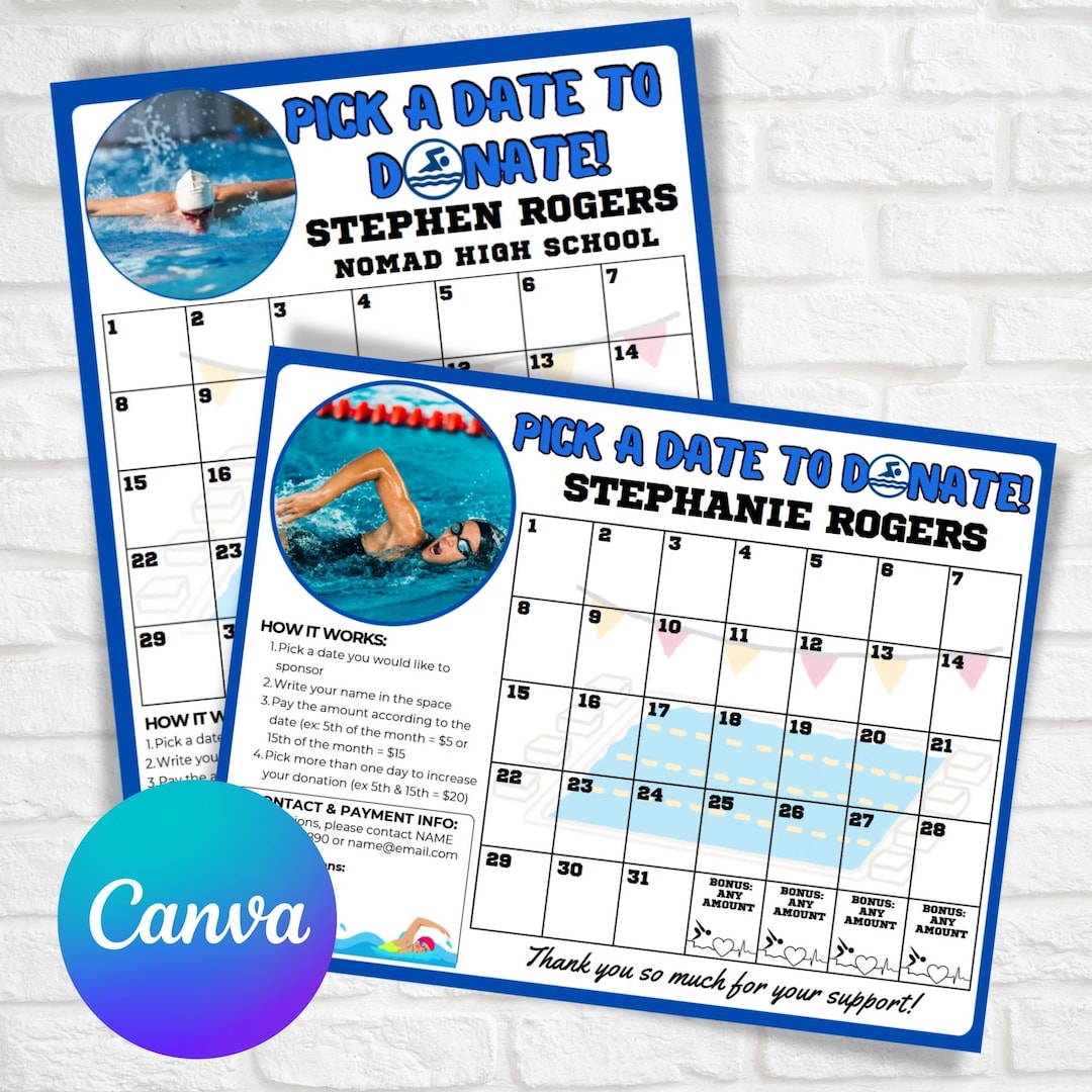 Editable Swim Calendar Fundraiser Template, Pick a Date to Donate ...