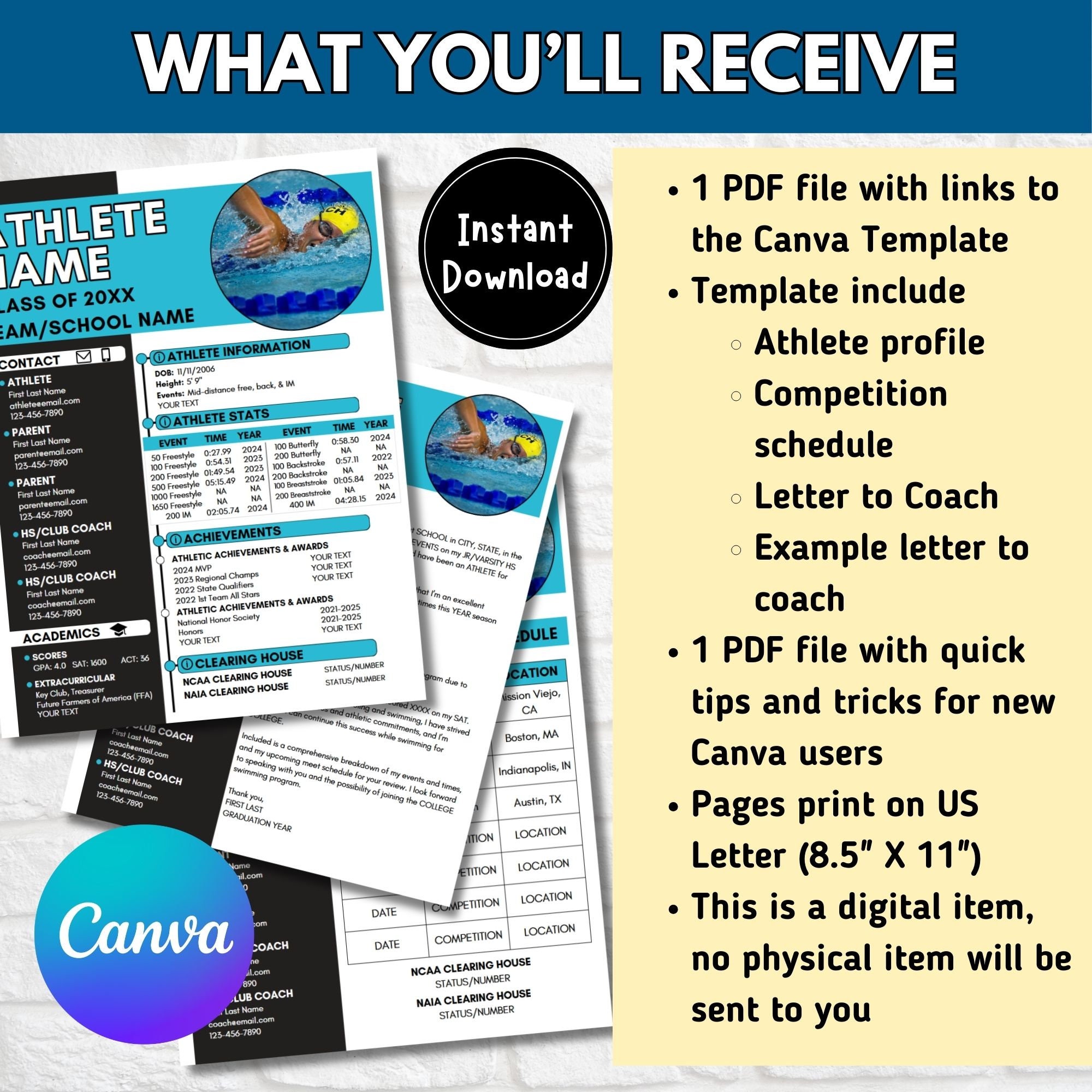 Swimmer Athlete Profile Sheet, College Recruiting, Editable Canva ...