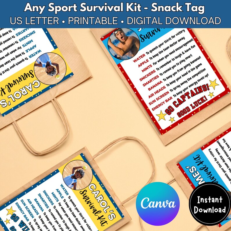 Editable Team Survival Kit Gift Tag, All Sports, Gift Bag Printable ...