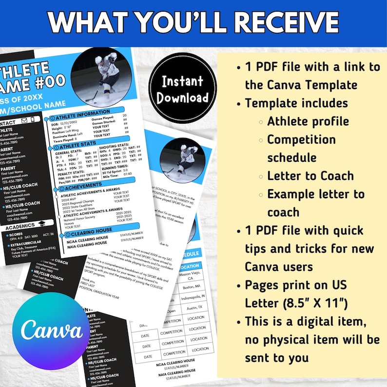 Hockey Player Profile Template, Athlete Profile Sheet, College ...