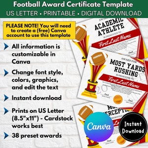 Editable Football Award Certificates, Canva Template, Certificate ...