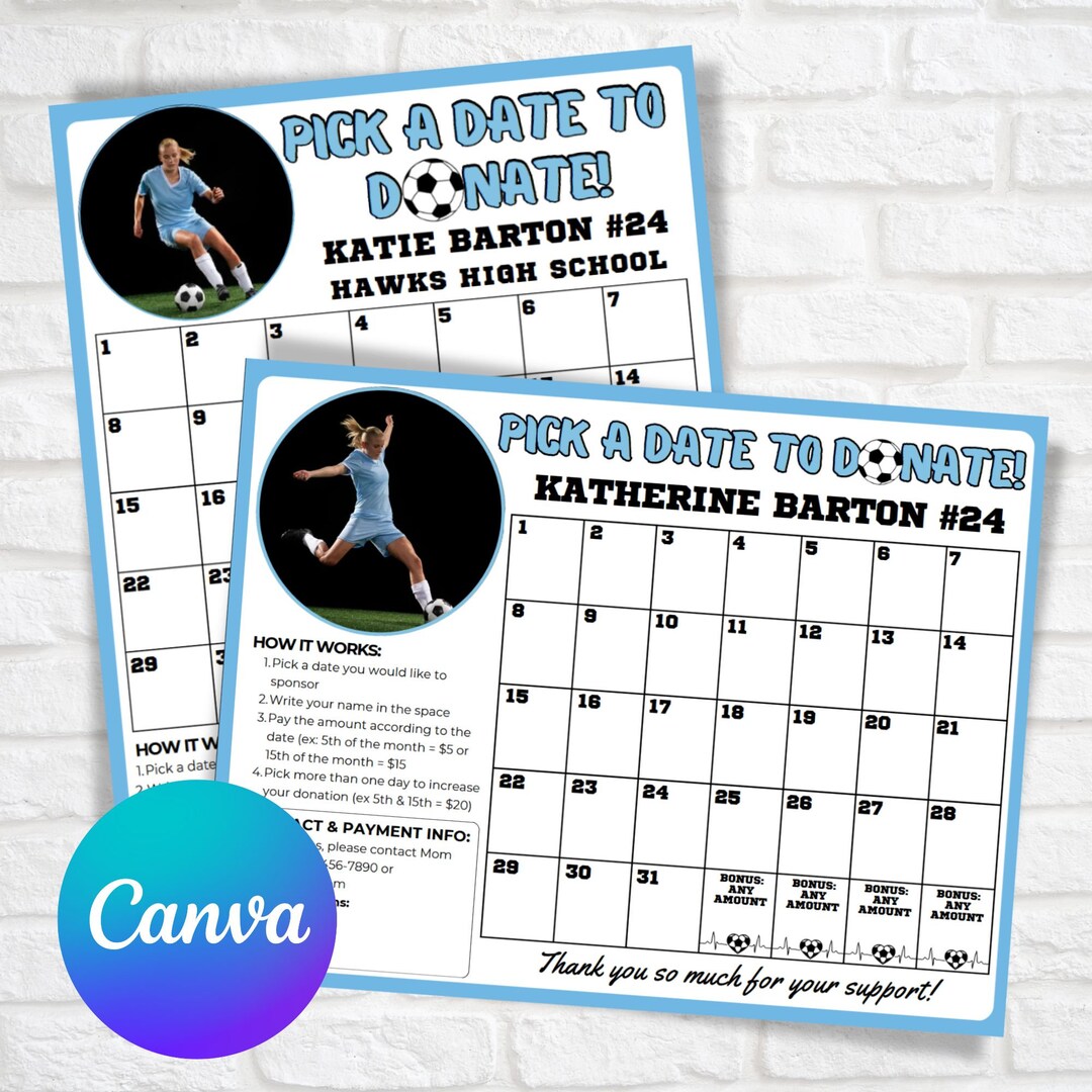 Editable Soccer Calendar Fundraiser Template, Pick a Date to Donate ...