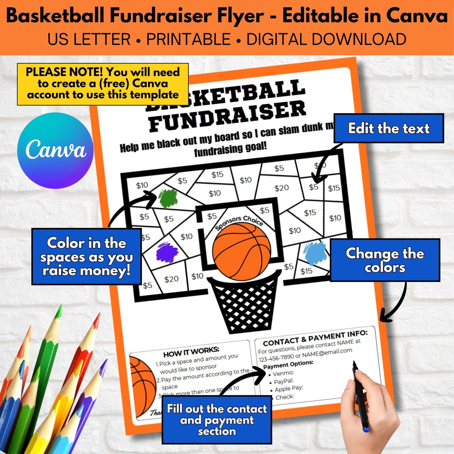 Basketball Fundraiser Flyer Template: Color-in Team Design (canva ...