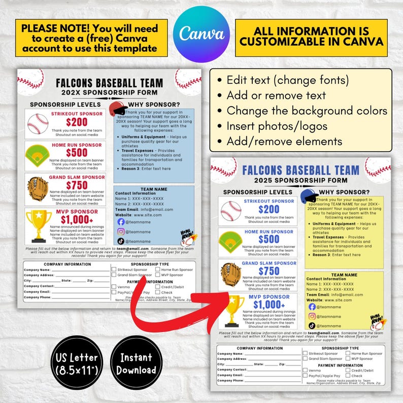 Baseball Sponsorship Flyer Template, Fundraiser Form, Sponsor My Season ...