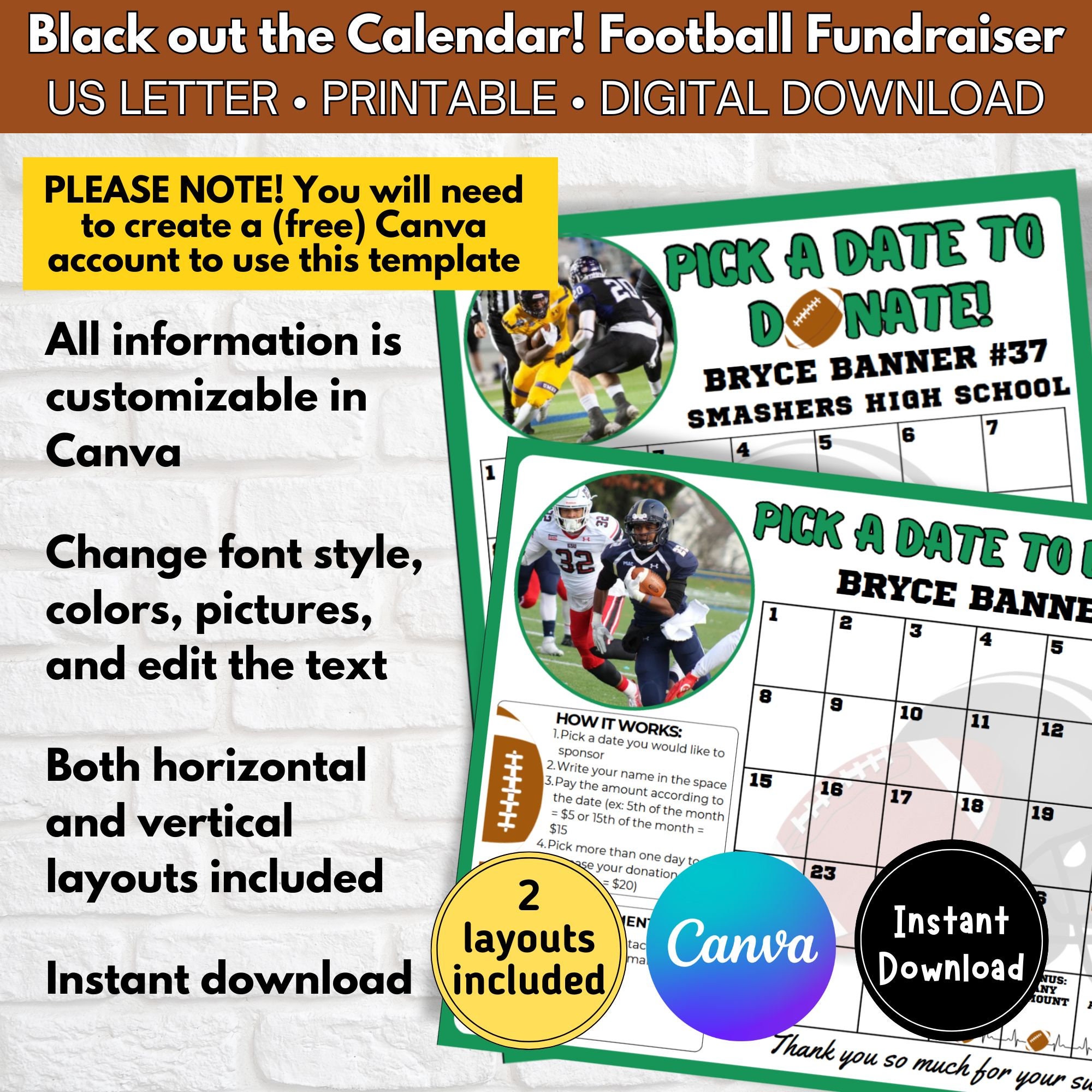 Editable Football Calendar Fundraiser Template, Pick a Date to Donate ...