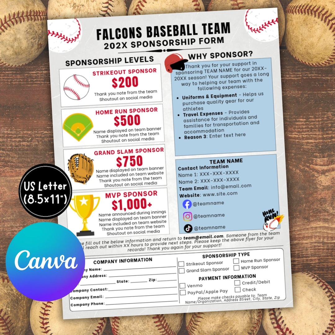 Baseball Sponsorship Flyer Template, Fundraiser Form, Sponsor My Season ...