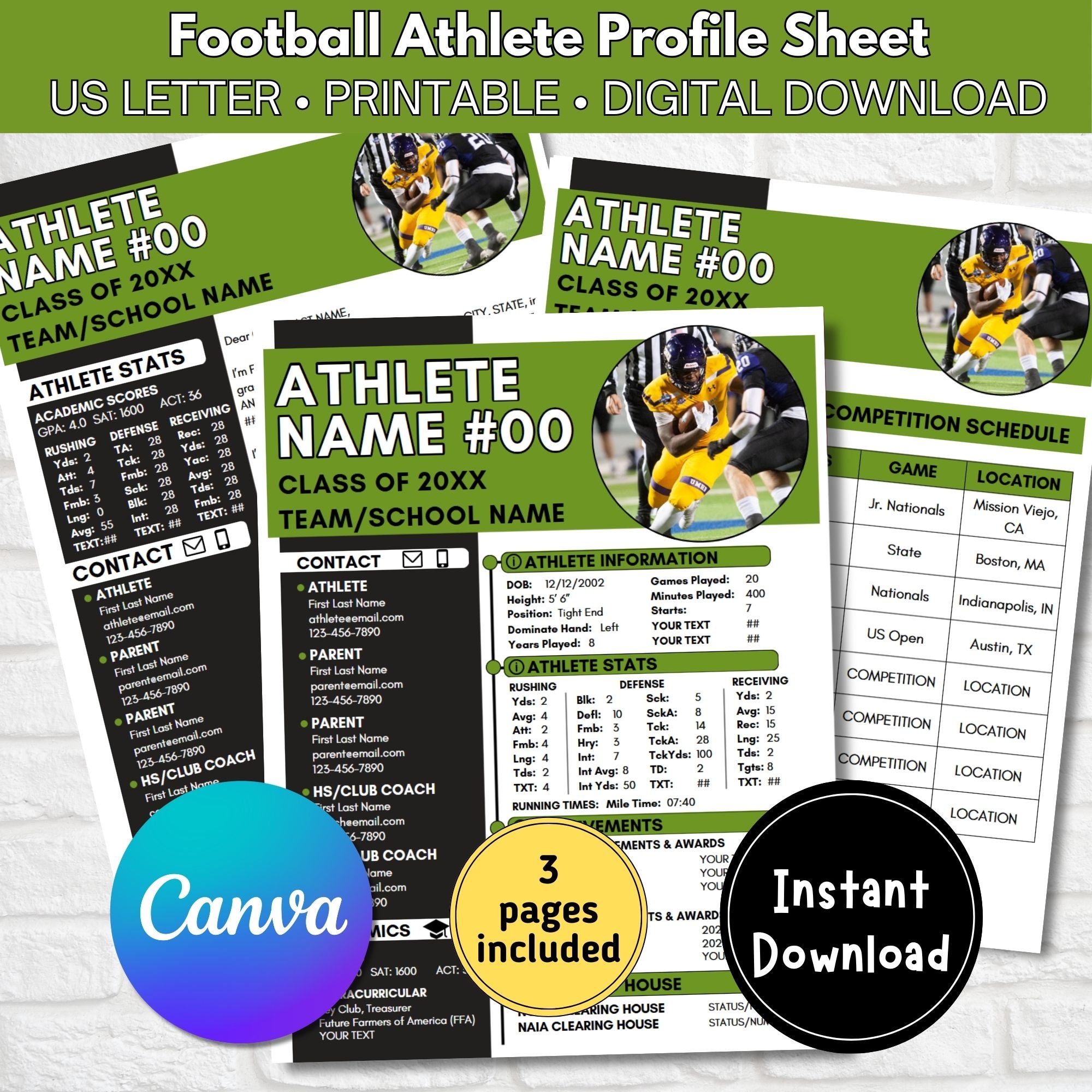 Football Player Profile, Athlete Profile Sheet, College Recruiting, Editable Canva Template ...