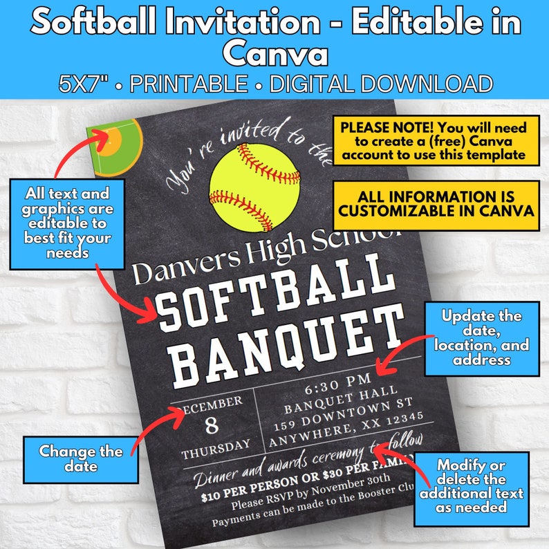 Editable Softball Invitation Template, Team Party, End of Season ...