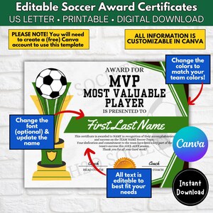 Editable Soccer Award Certificates, Canva Template, Certificate ...