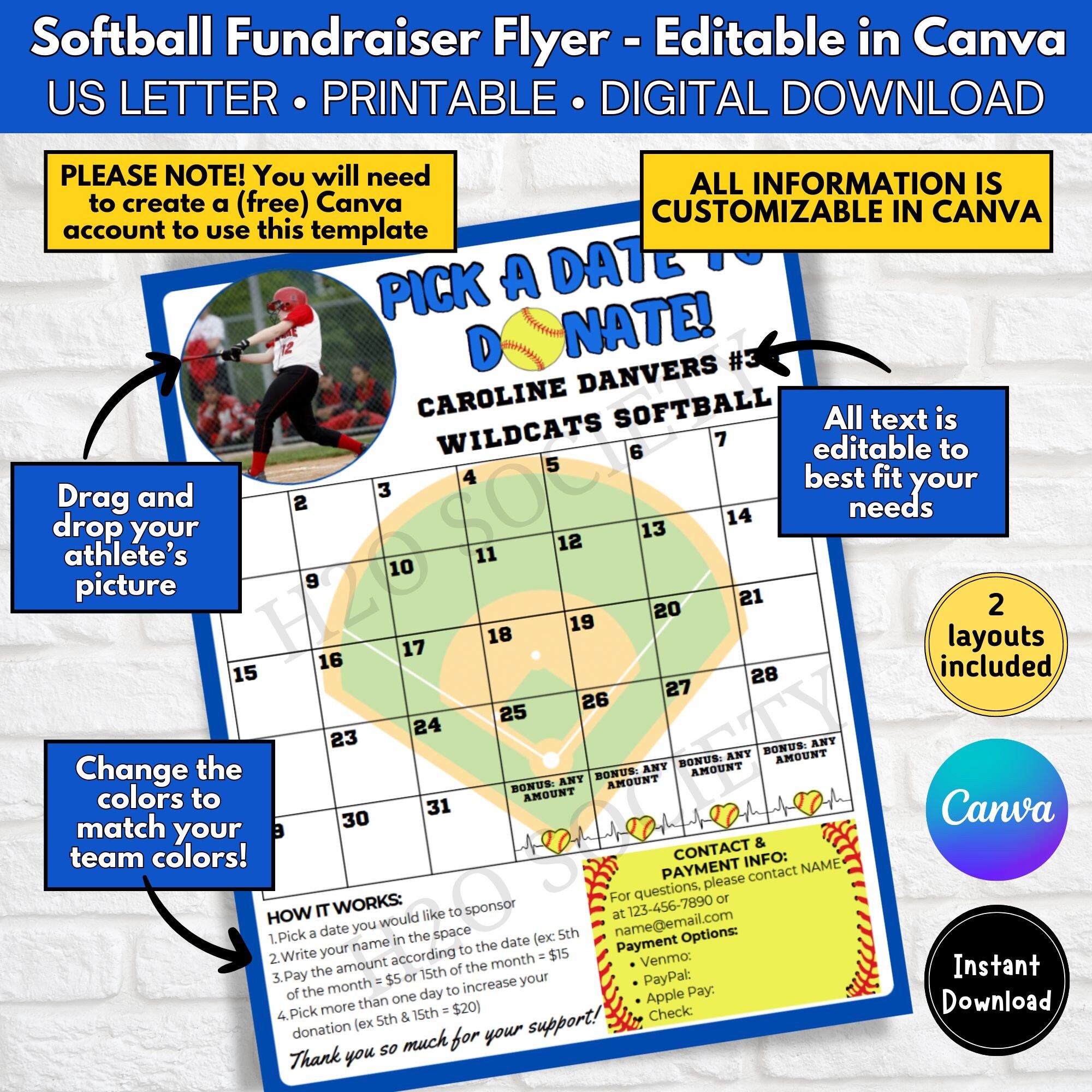 Editable Softball Calendar Fundraiser Template, Pick a Date to Donate ...