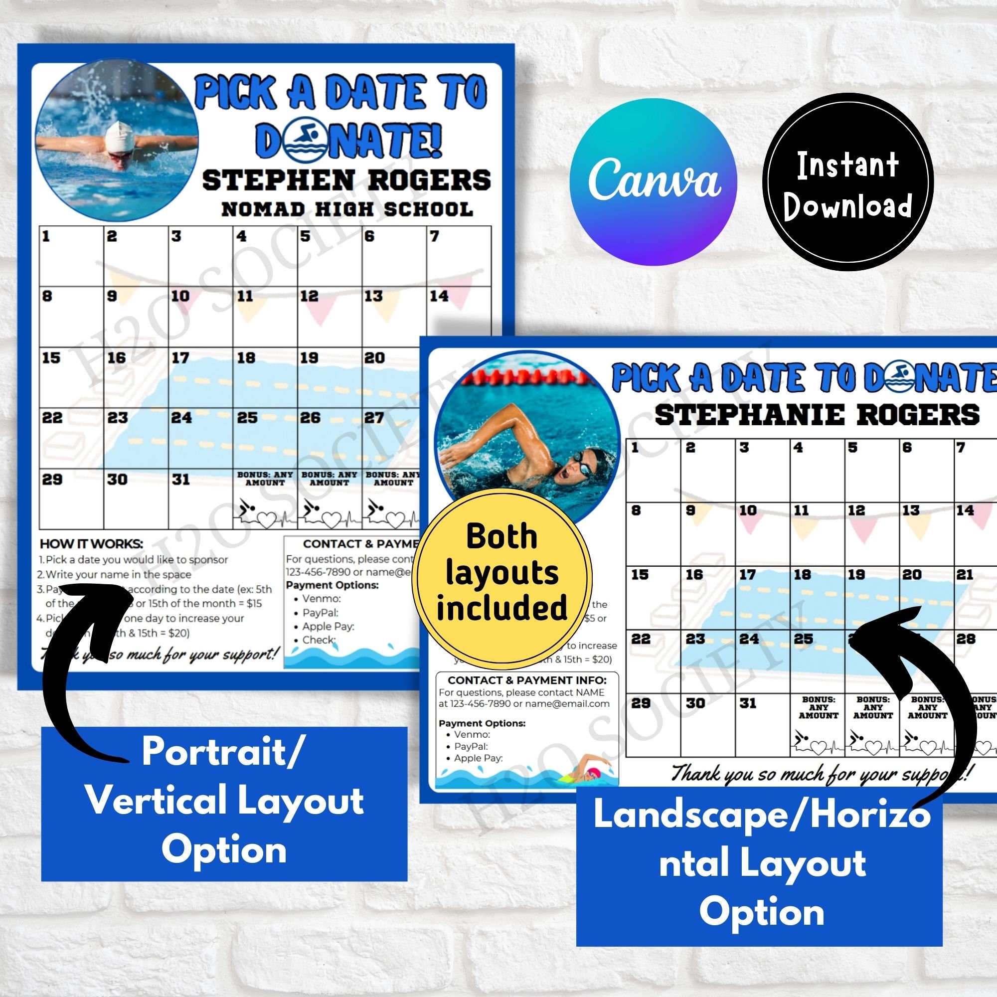 Editable Swim Calendar Fundraiser Template, Pick a Date to Donate ...