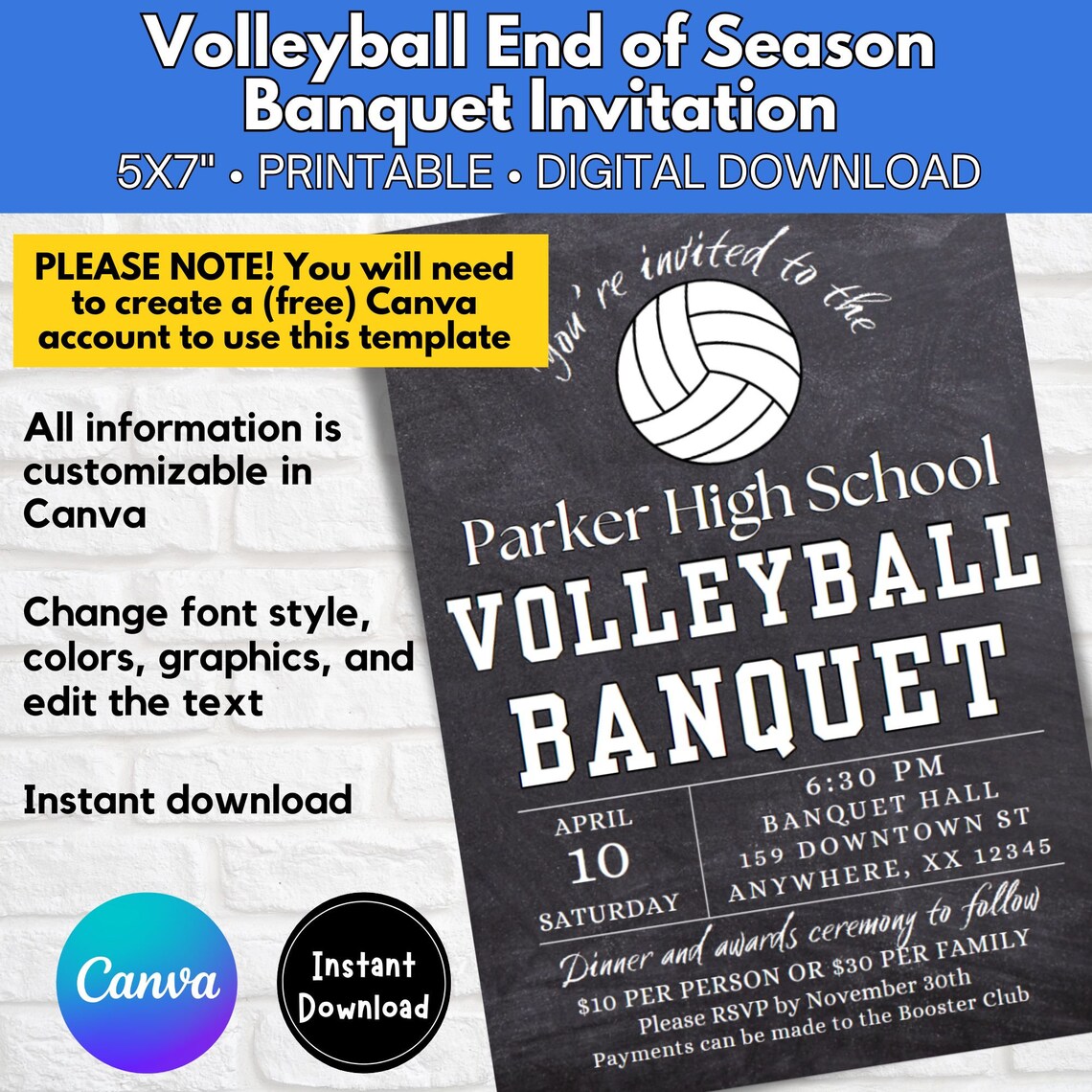 Printable Volleyball Team Banquet Invitation, Team Party, End of Season ...