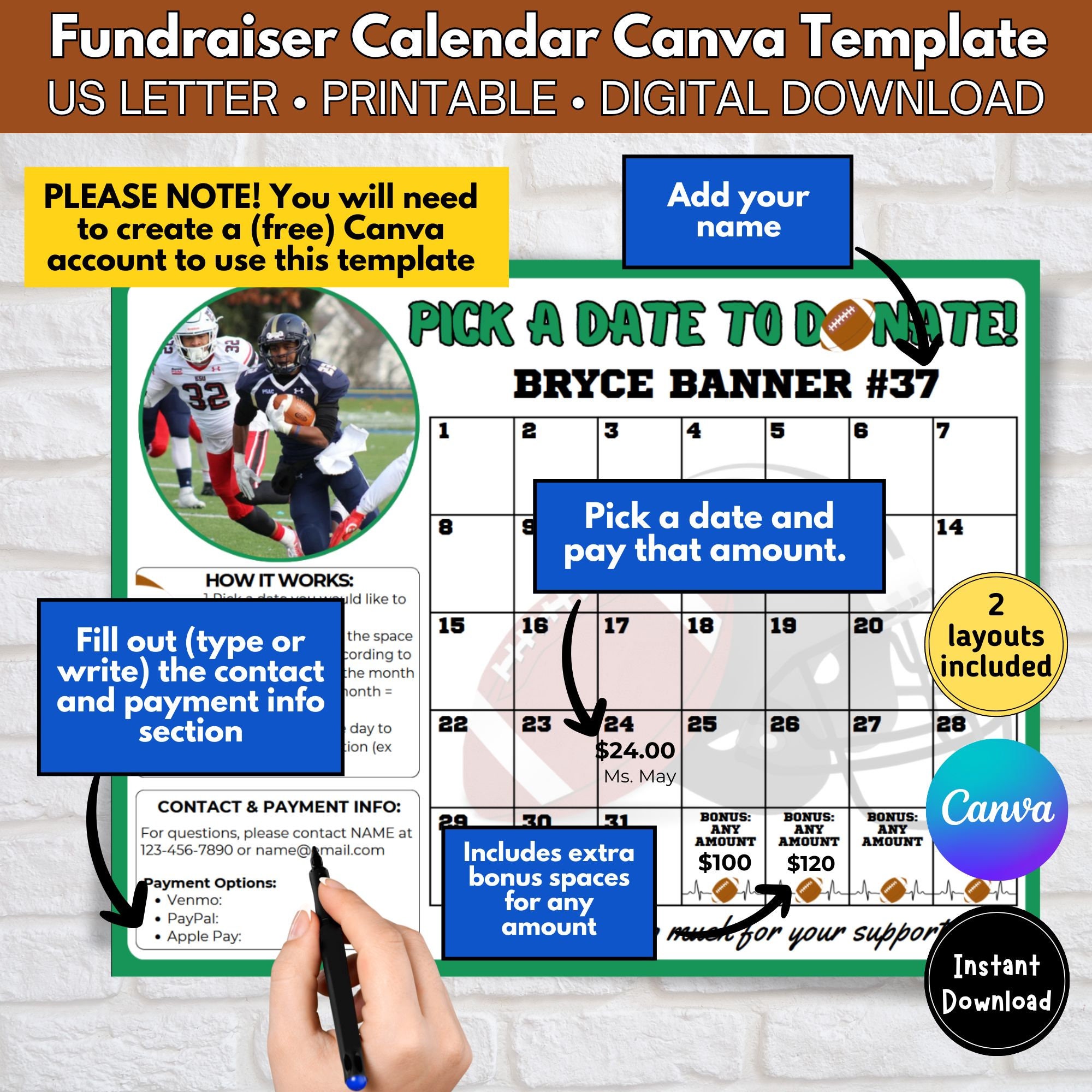 Editable Football Calendar Fundraiser Template, Pick a Date to Donate ...