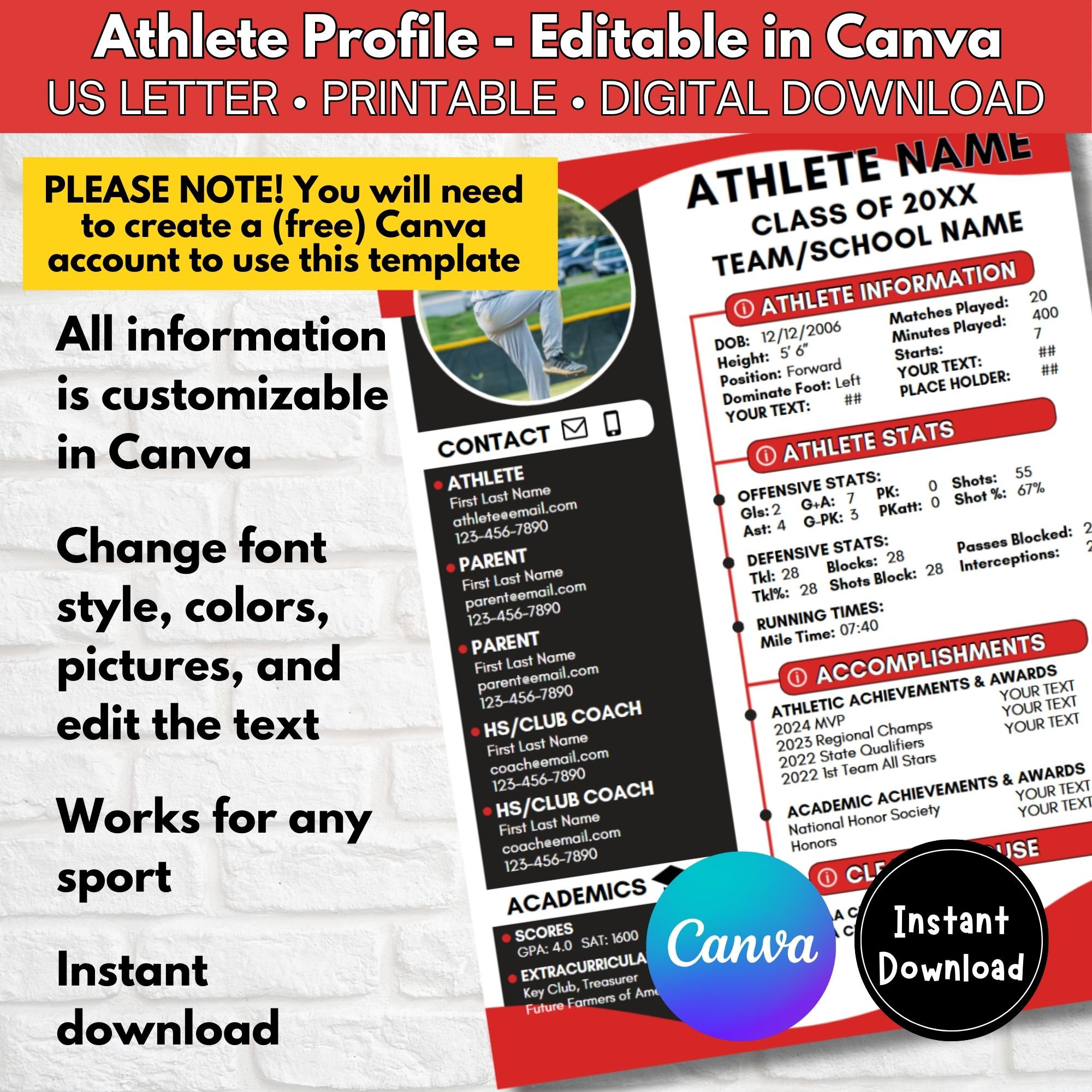 Athlete Profile Sheet, College Recruiting, Editable Canva Template, All ...