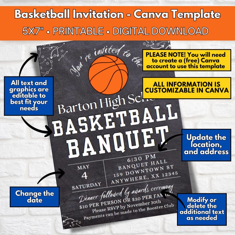 Basketball Banquet Invitation: Team Party, Senior Night (5x7, Canva ...