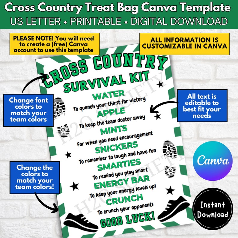 Editable Cross Country Survival Kit Gift Tag, Gift Bag Printable, Cross ...