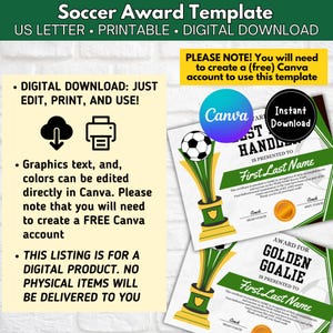Editable Soccer Award Certificates, Canva Template, Certificate ...