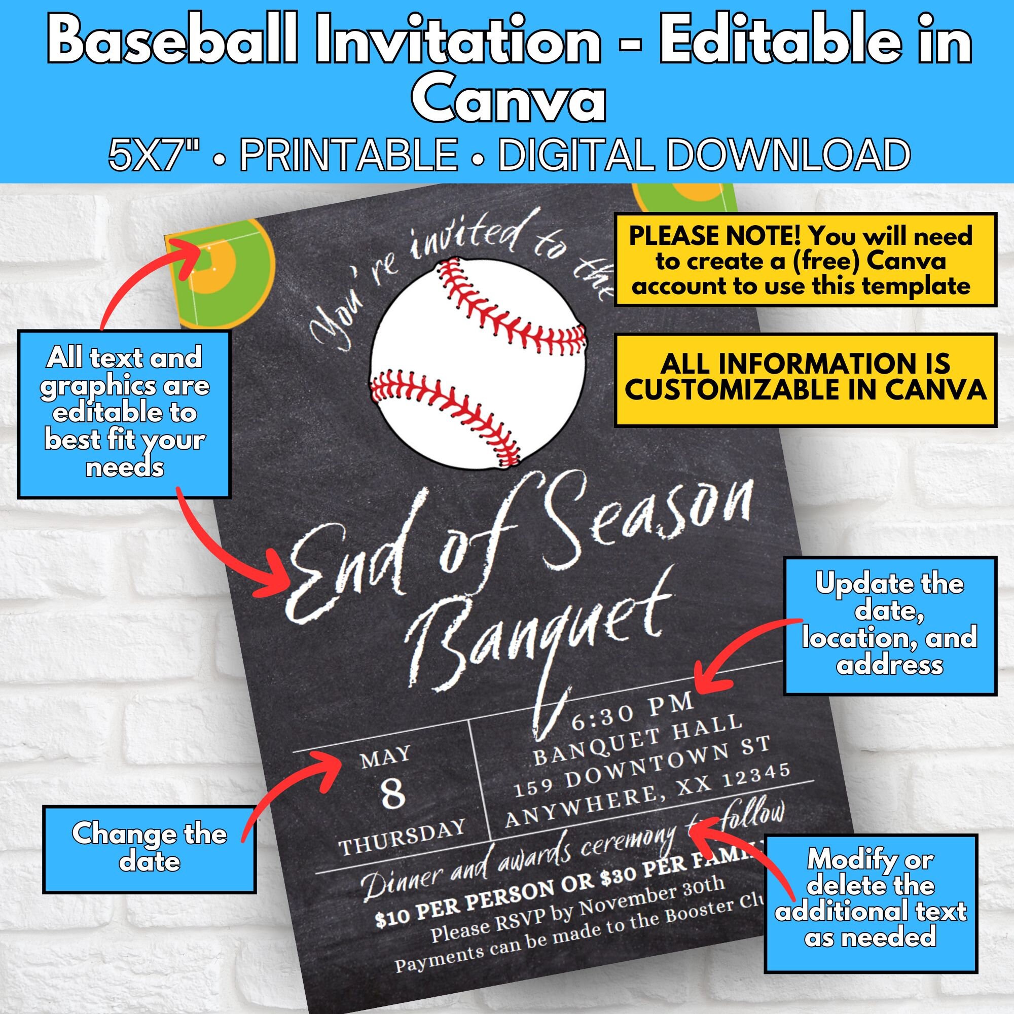 Editable Baseball Invitation Template, Team Party, End of Season ...