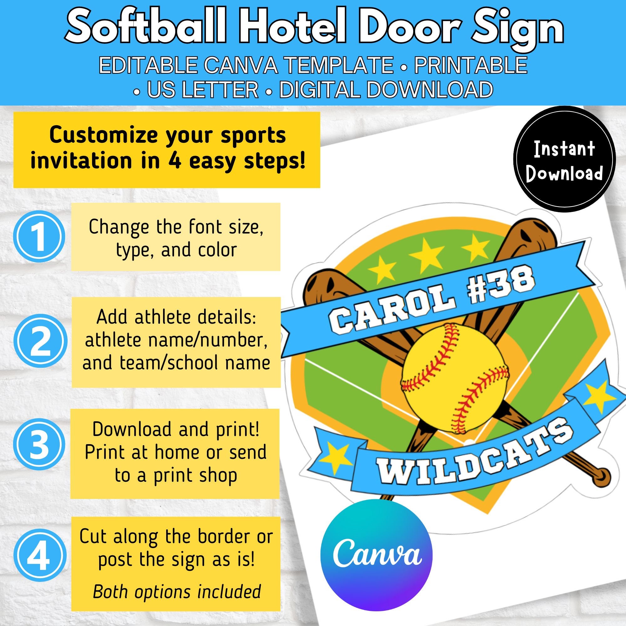 Softball Door Sign, Canva Template, Locker Decoration, Softball Tags ...