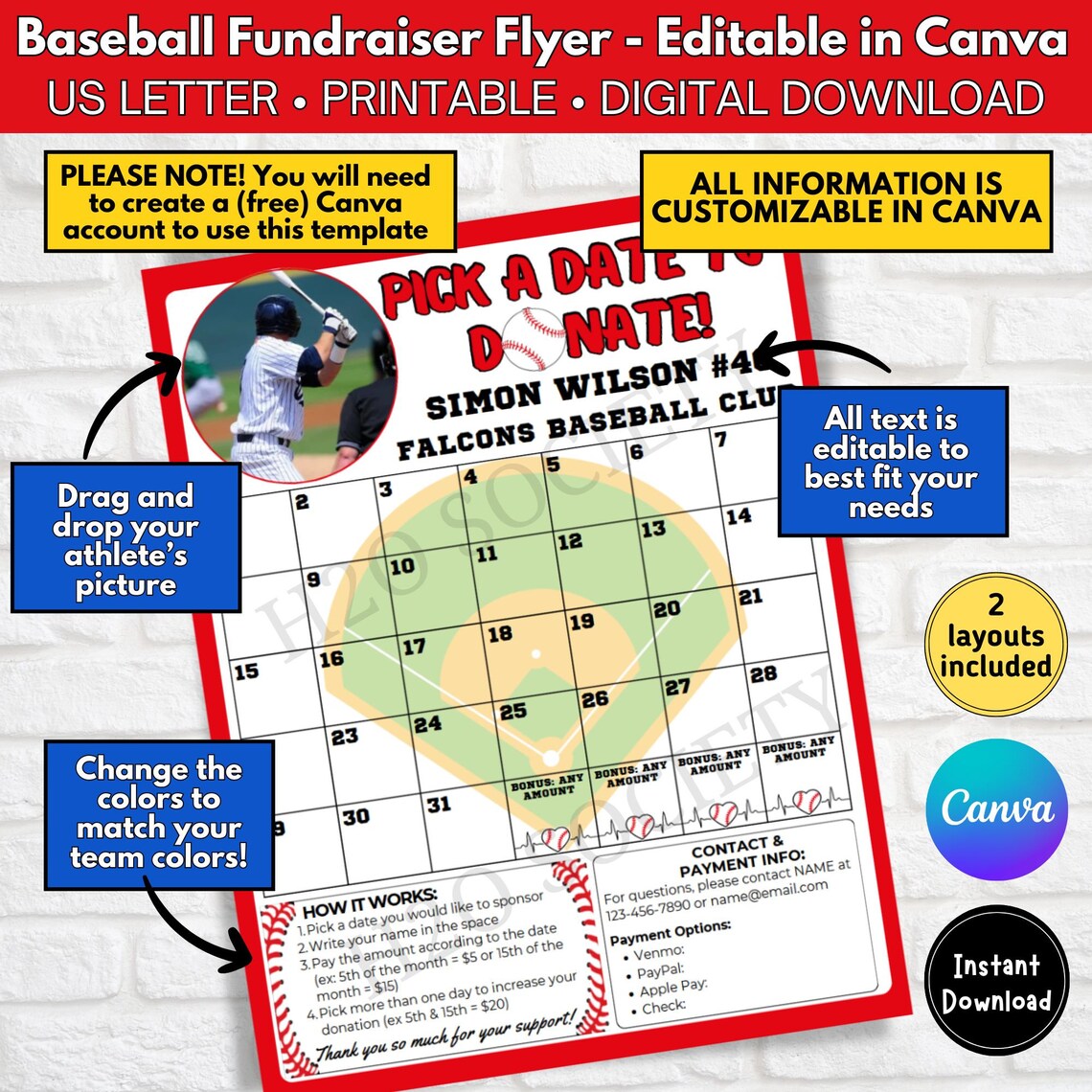 Editable Baseball Calendar Fundraiser Template, Pick a Date to Donate ...