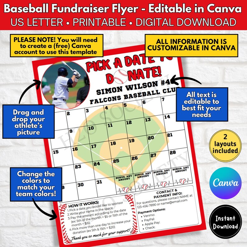 Editable Baseball Calendar Fundraiser Template, Pick a Date to Donate ...