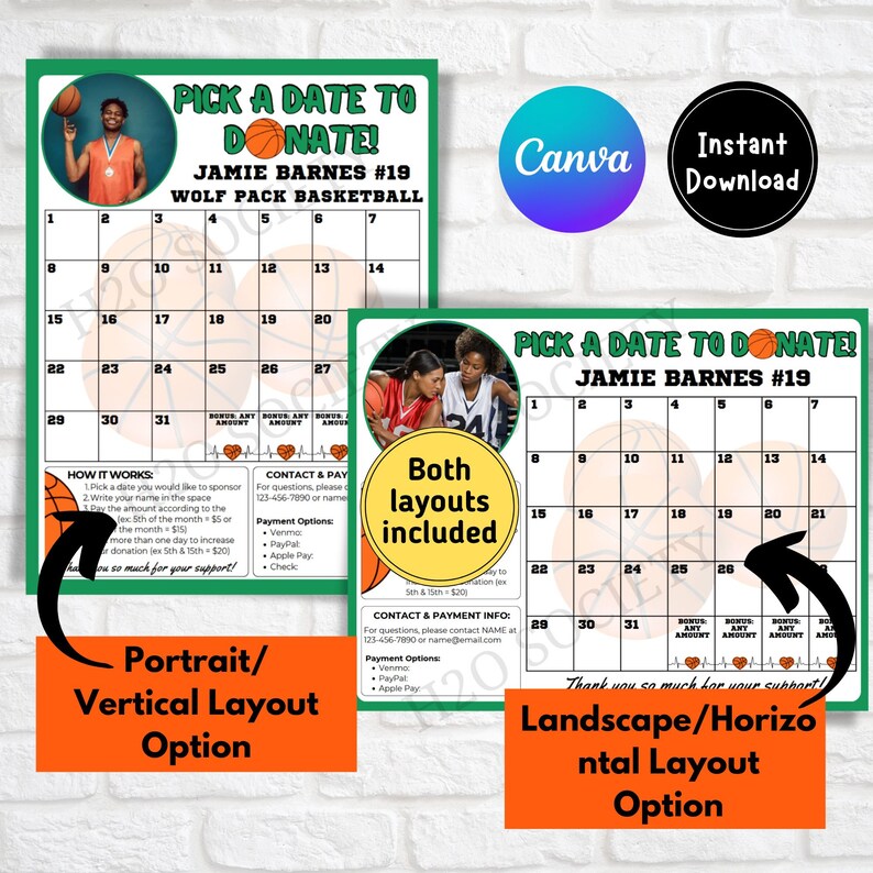 Editable Basketball Calendar Fundraiser Template, Pick a Date to Donate ...
