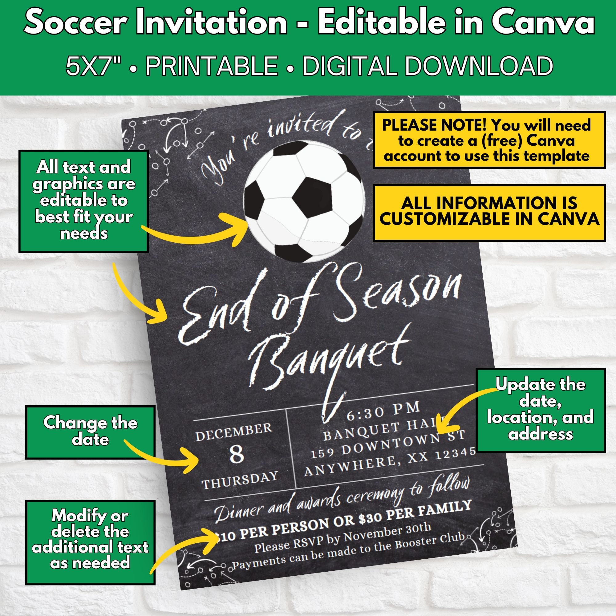 Editable Soccer Banquet Invitation Template, Team Party, End of Season ...