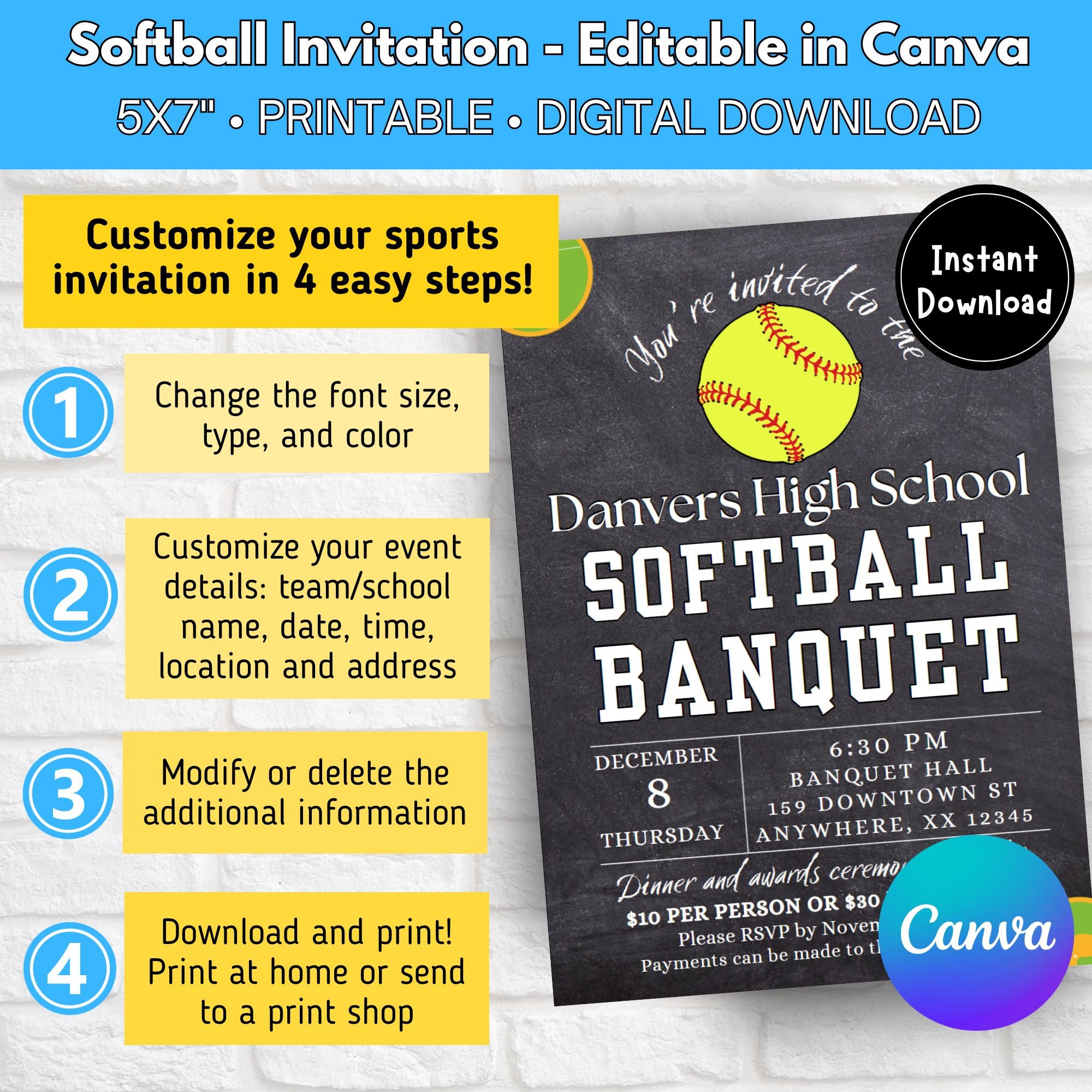 Editable Softball Invitation Template, Team Party, End of Season, Sports Banquet, Senior Night ...