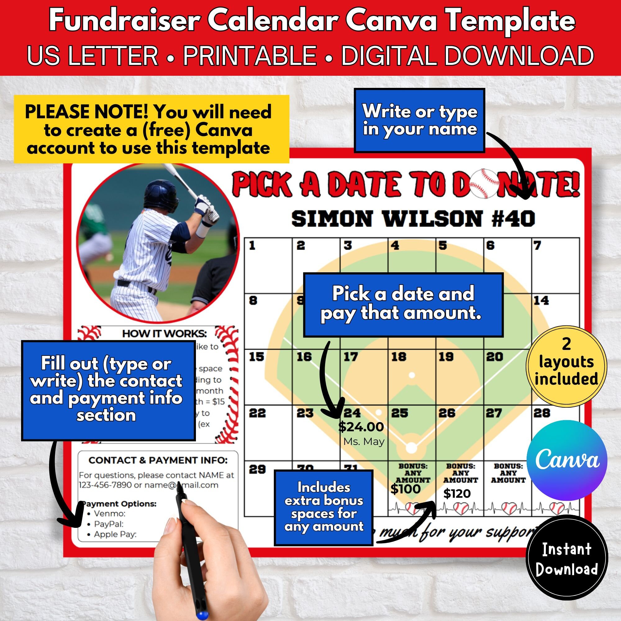 Editable Baseball Calendar Fundraiser Template, Pick a Date to Donate ...