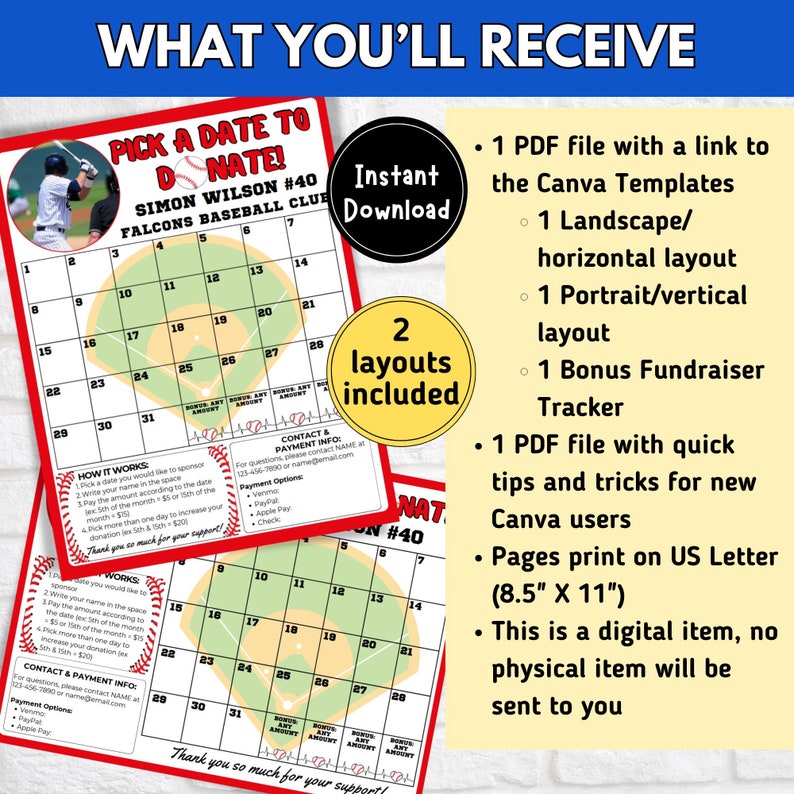 Editable Baseball Calendar Fundraiser Template, Pick a Date to Donate ...