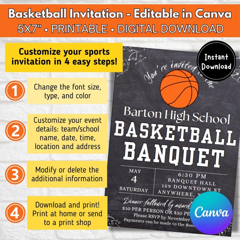 Printable Basketball Team Banquet Invitation, Team Party, End of Season ...