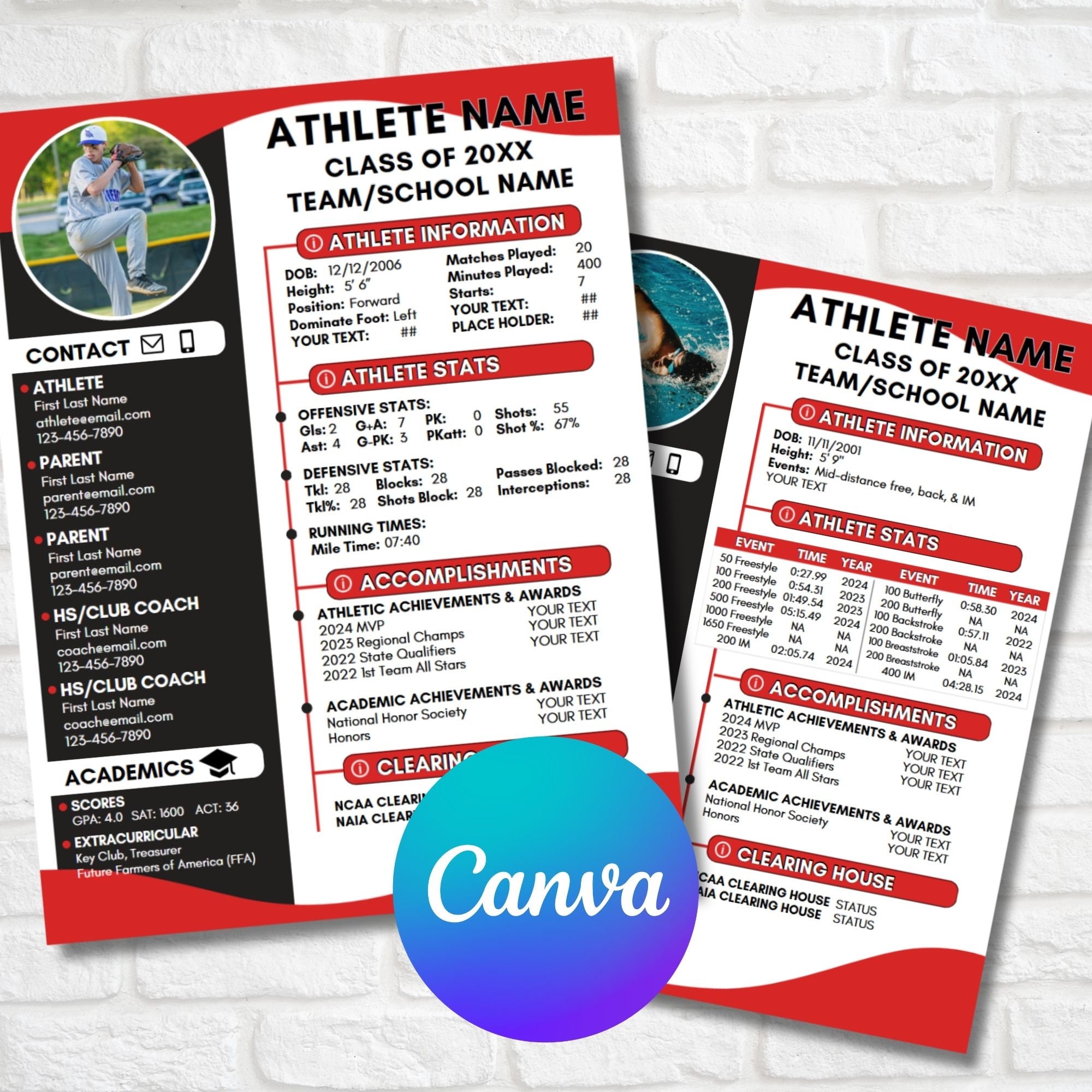 Athlete Profile Sheet, College Recruiting, Editable Canva Template, All ...