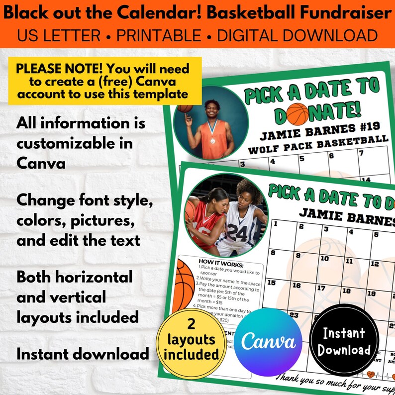 Editable Basketball Calendar Fundraiser Template, Pick a Date to Donate ...