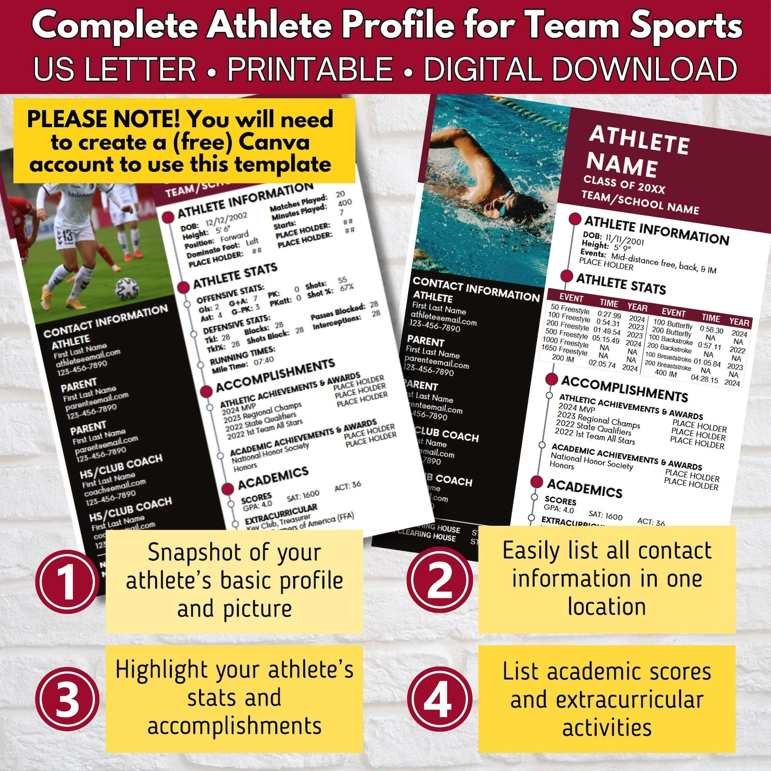Athlete Profile Sheet, Athlete Digital Profile Card, College Recruiting ...