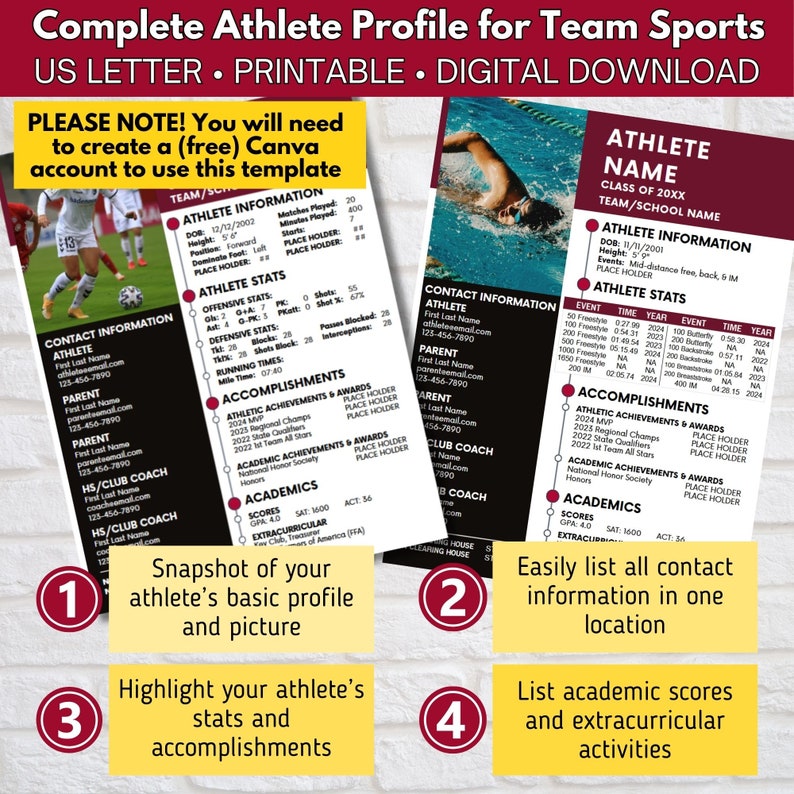 Athlete Profile Sheet, Athlete Digital Profile Card, College Recruiting ...