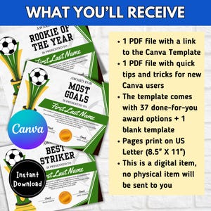 Editable Soccer Award Certificates, Canva Template, Certificate ...