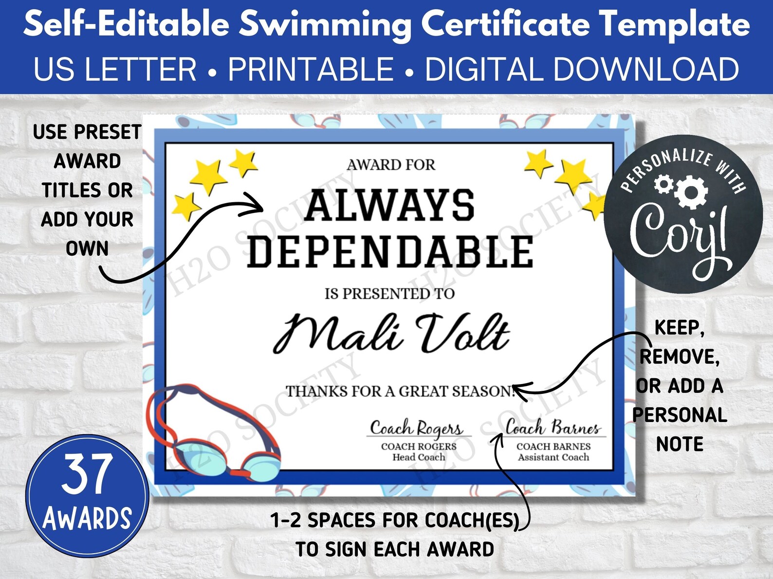 Editable Swimming Award Certificates, Award Ceremony Certificates, End ...