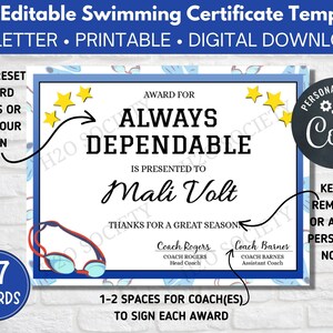Editable Swimming Award Certificates, Award Ceremony Certificates, End ...