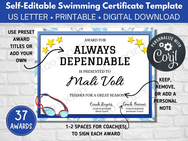 Editable Swimming Award Certificates, Award Ceremony Certificates, End ...
