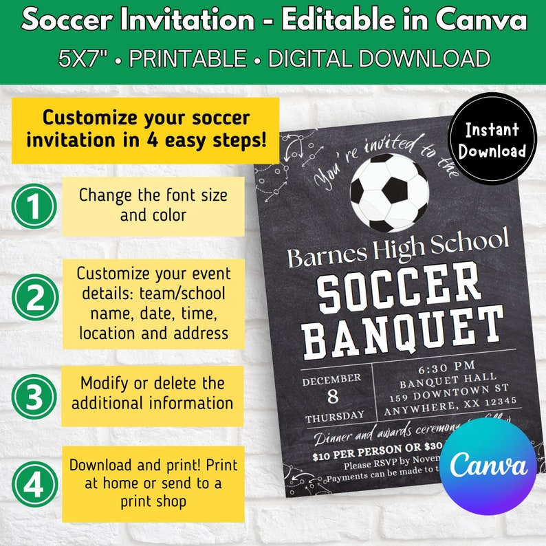 Printable Soccer Team Banquet Invitation, Team Party, End of Season ...