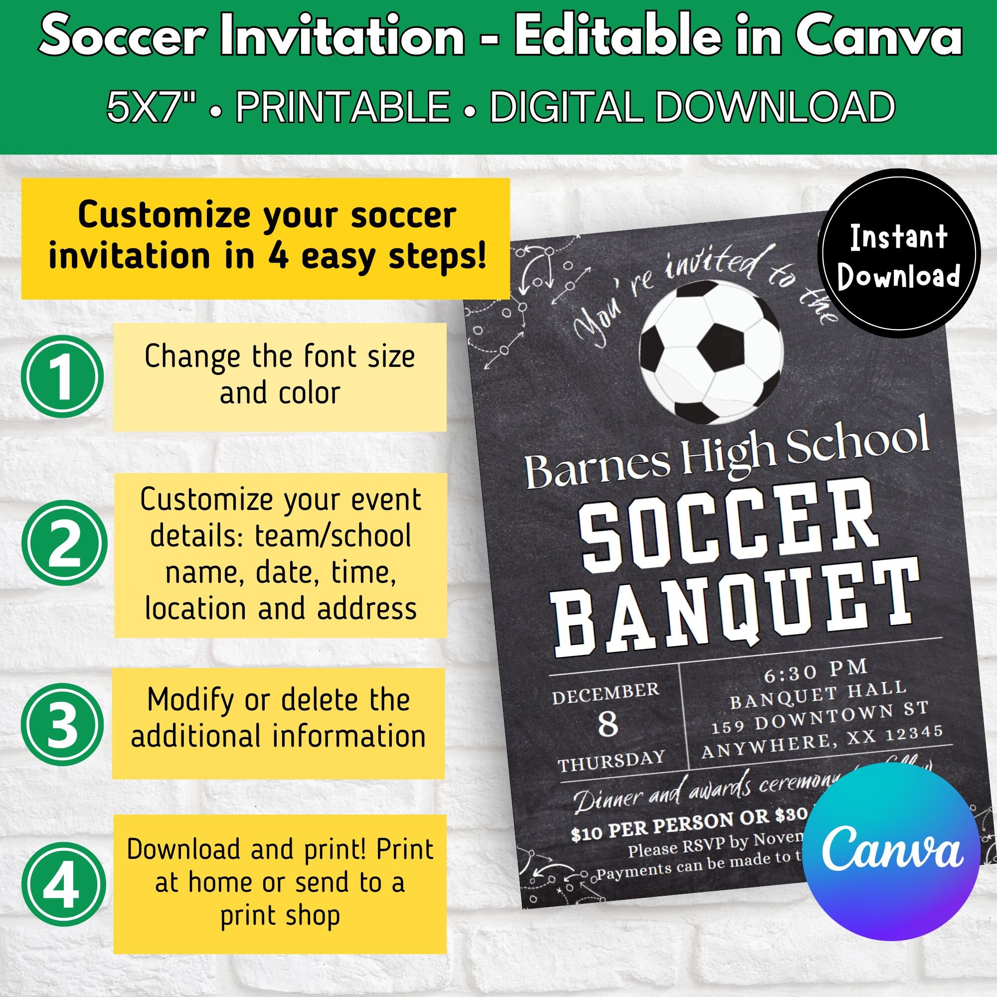Printable Soccer Team Banquet Invitation, Team Party, End of Season ...